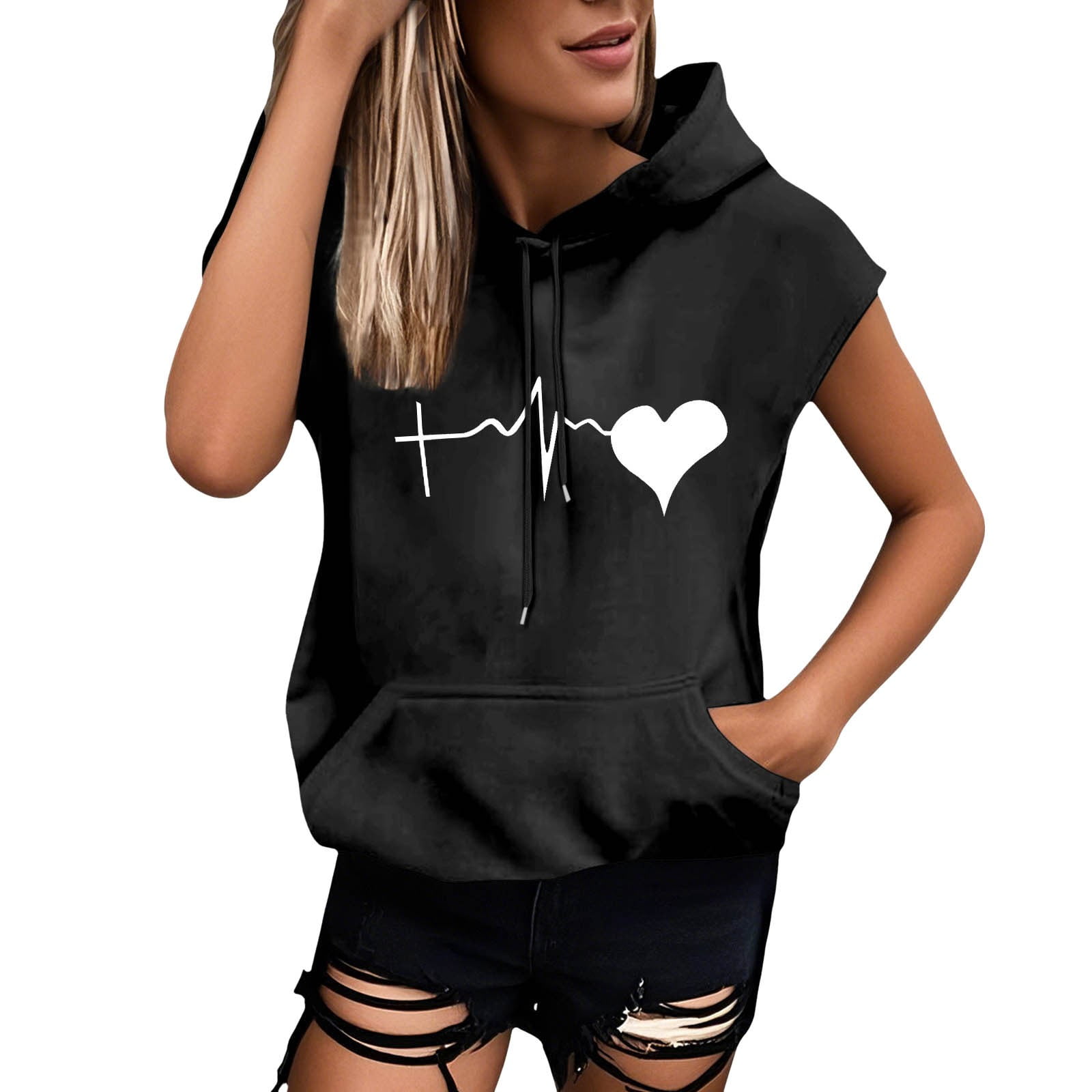DHFJKG Womens Summer T Shirt Sleevelss Heart Print Hooded Drawstring ...