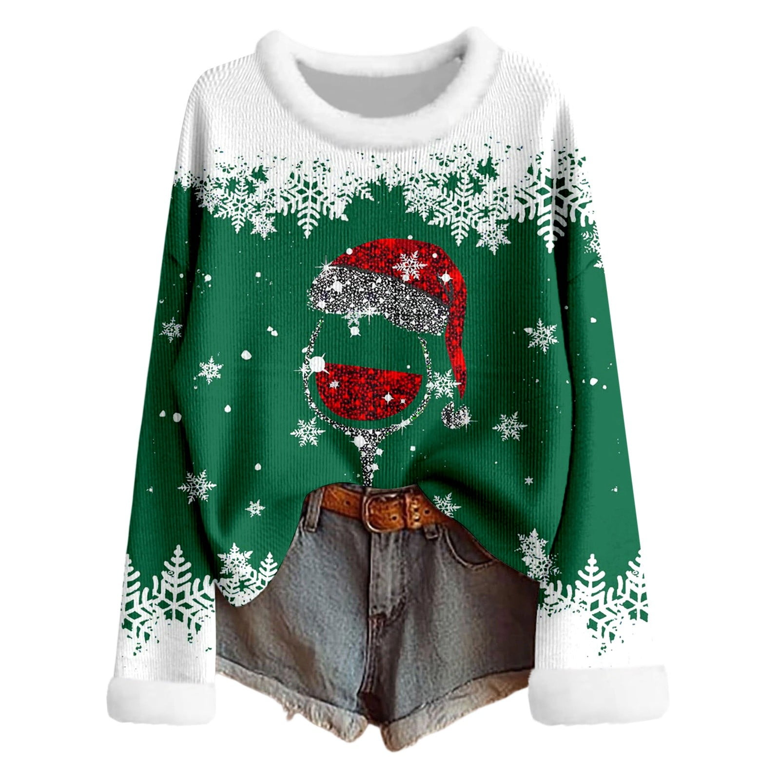 DHFJKG Womens Sweaters Christmas Fuzzy Trim Knit Ribbed Red Tall Glass ...