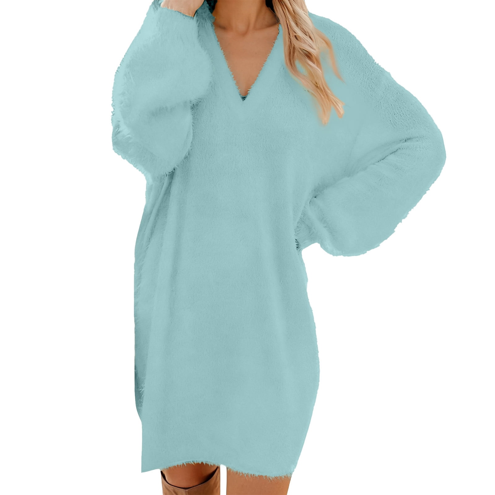 DHFJKG Womens Sweaters Dress Fluffy Deep V Neck Neck Lantern Sleeve ...