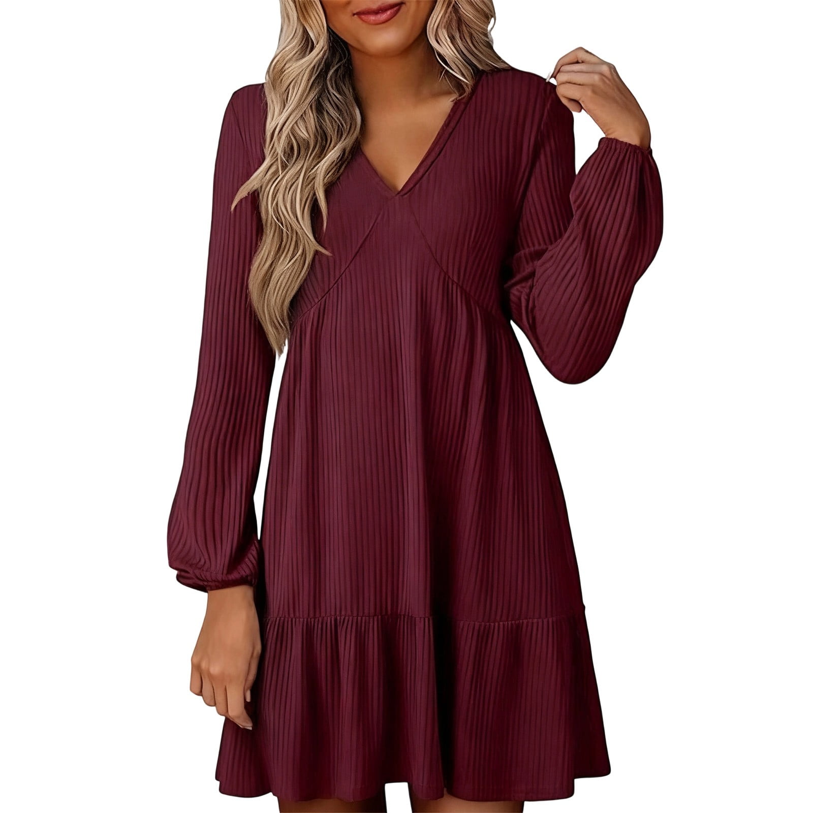 DHFJKG Womens Sweaters Dress Knit Ribbrd Solid Color Long Sleeve Deep V ...