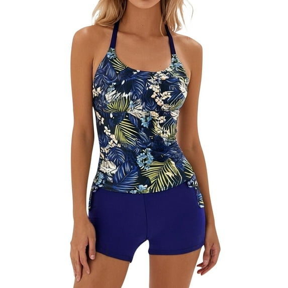 DHFJKG Womens Tankini Swimsuit Scoop Neck Floral Criss Cross Two Piece ...