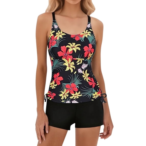 DHFJKG Womens Tankini Swimsuit Scoop Neck Floral Criss Cross Two Piece ...