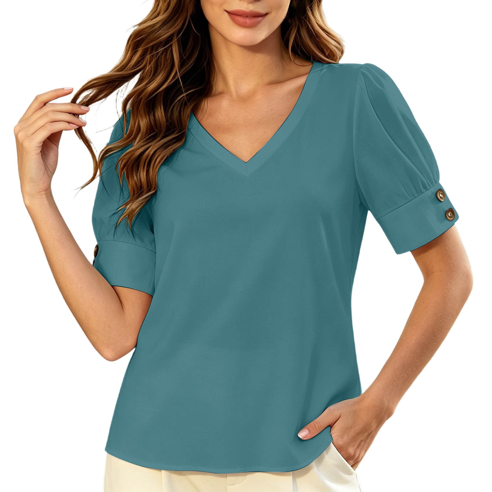 DHFJKG Womens V Neck T Shirt Puff Short Sleeve Loose Fit Solid Color ...