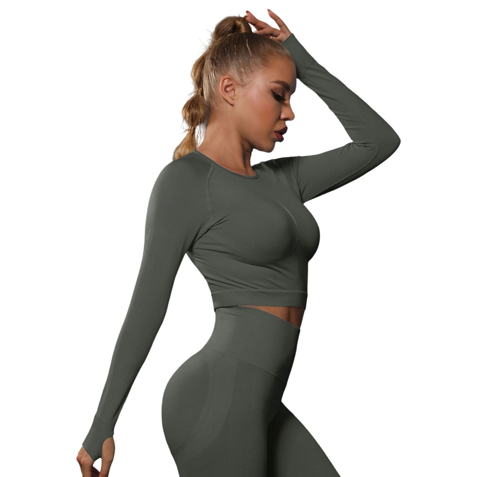 DHFJKG Womens Yoga Crop Top Seamless Tight Solid Color Long Sleeve Top ...