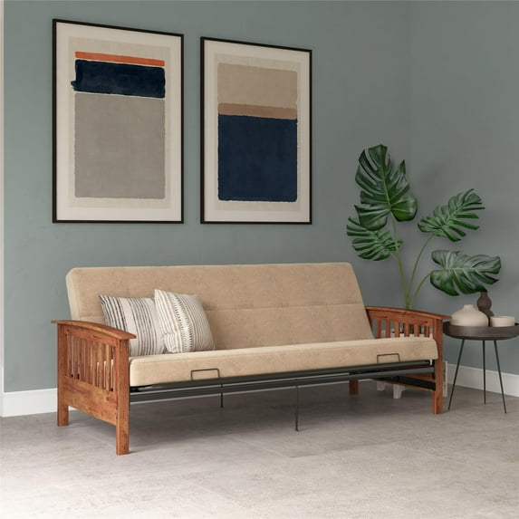 DHP Brixen Cherry Wood Arm Metal Futon Frame with 6-Inch Mattress, Full ...