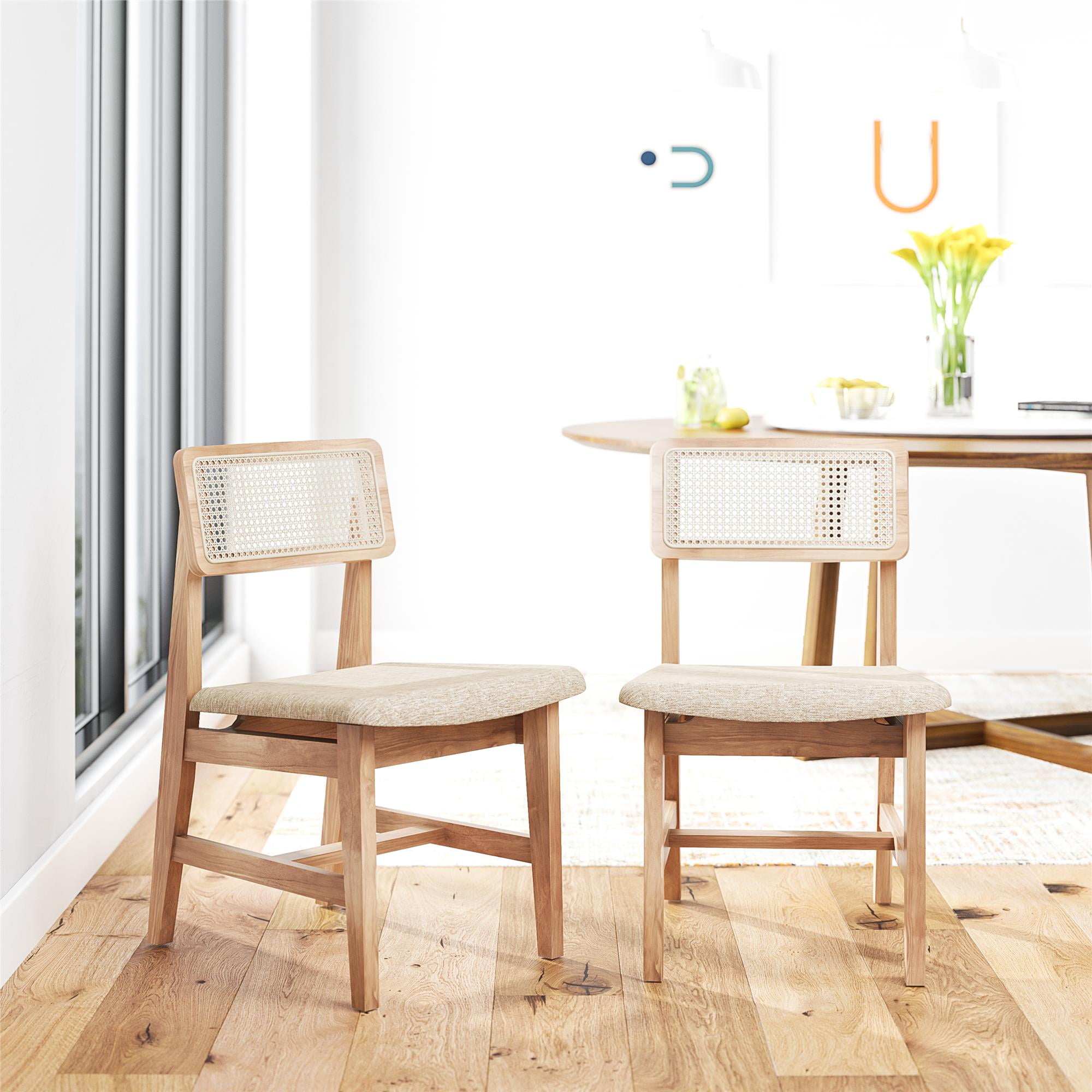 DHP Eleni Mid-Century Modern Cane Dining Chairs, Set of 2, Cream/Seadrift - Walmart.com