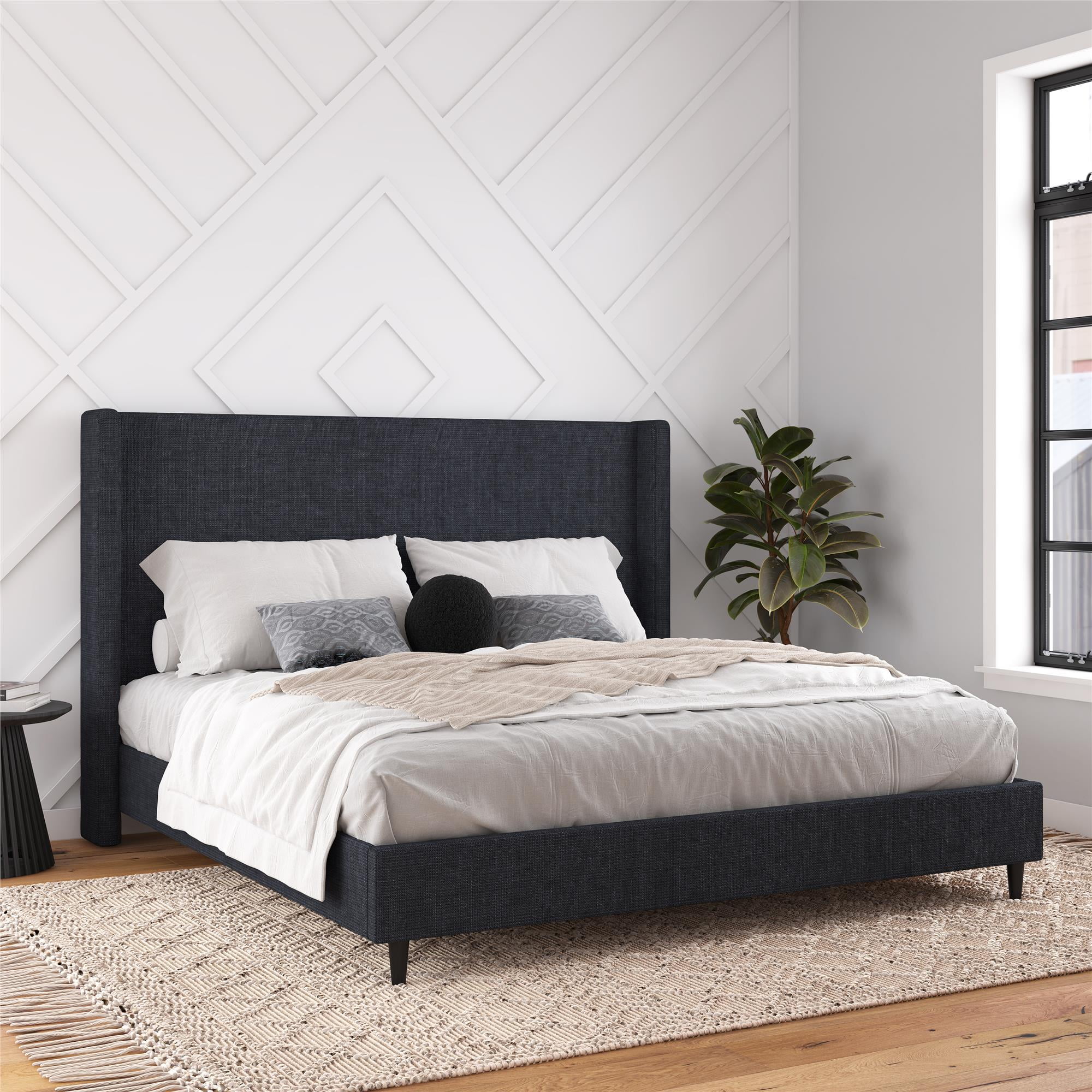 DHP Eveline Upholstered Platform Bed Frame with High Wingback Headboard ...