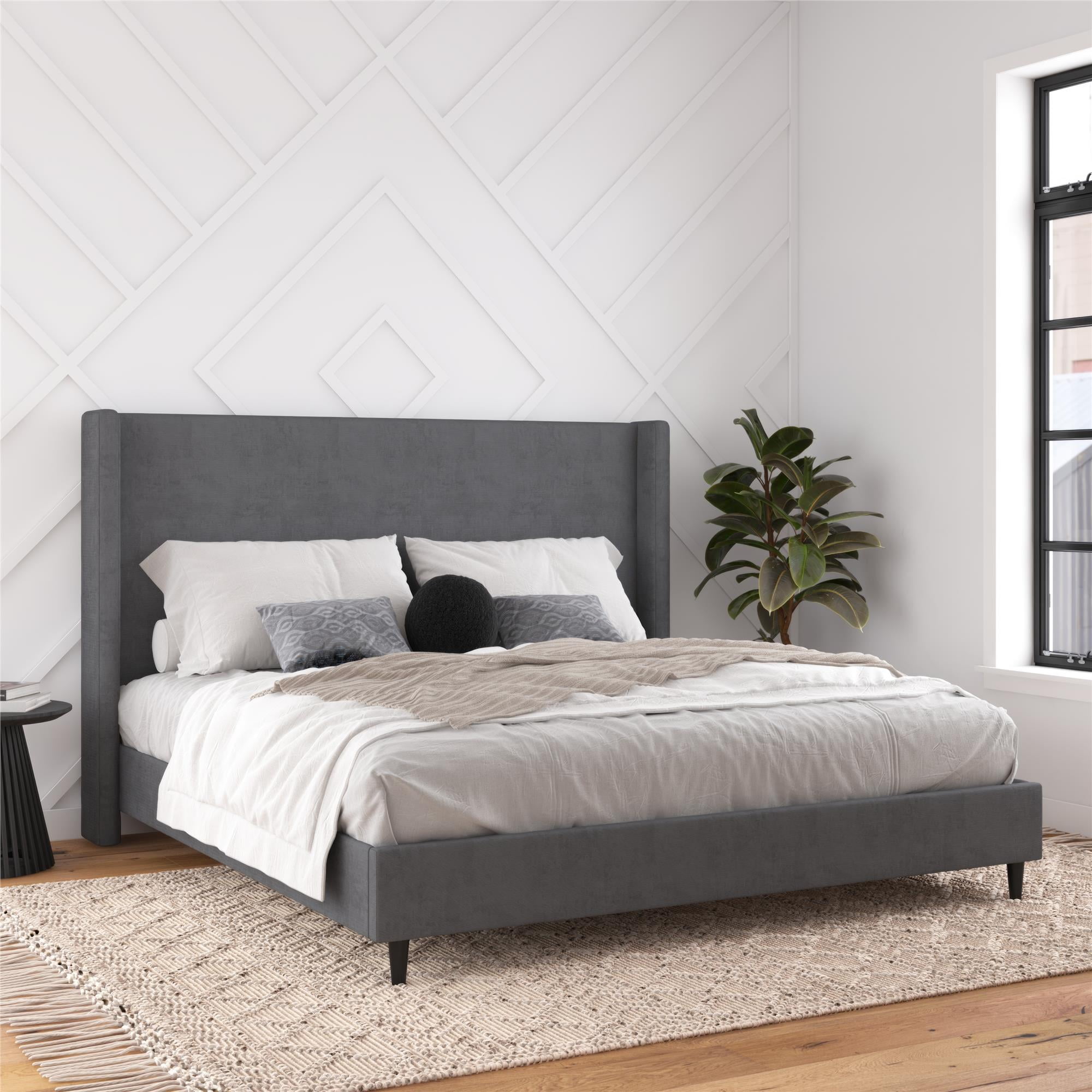 DHP Eveline Upholstered Platform Bed Frame with High Wingback Headboard ...