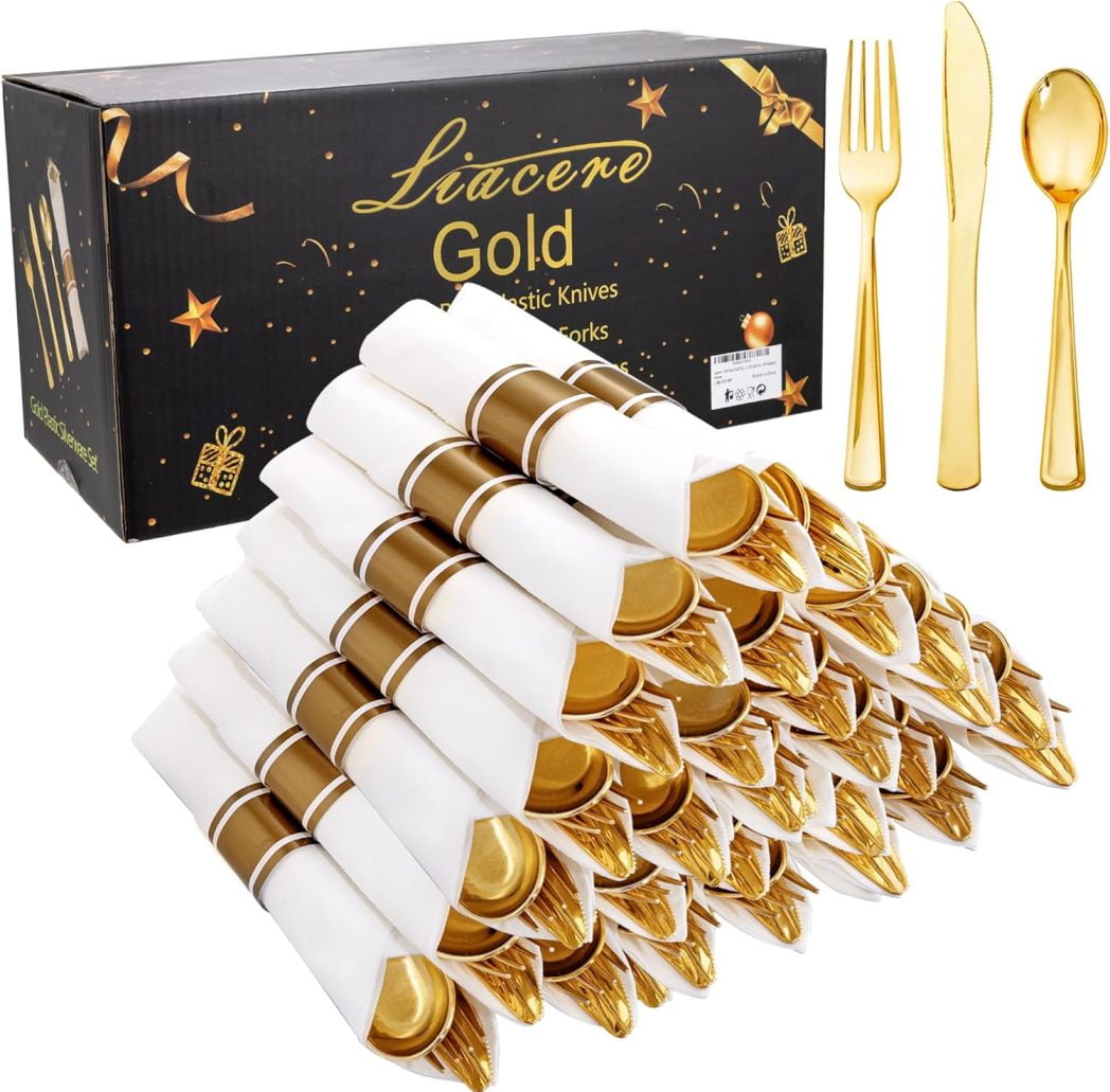DHTZ 100Pack Pre Rolled Gold Silverware and Napkin-Disposable Gold ...