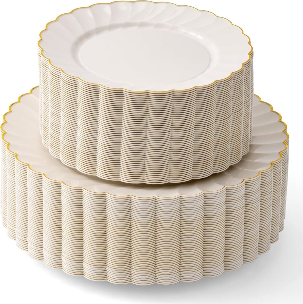 DHTZ HEAVYWEIGHT 100 Pc Ivory Scalloped Plastic Plates with Gold Trim ...
