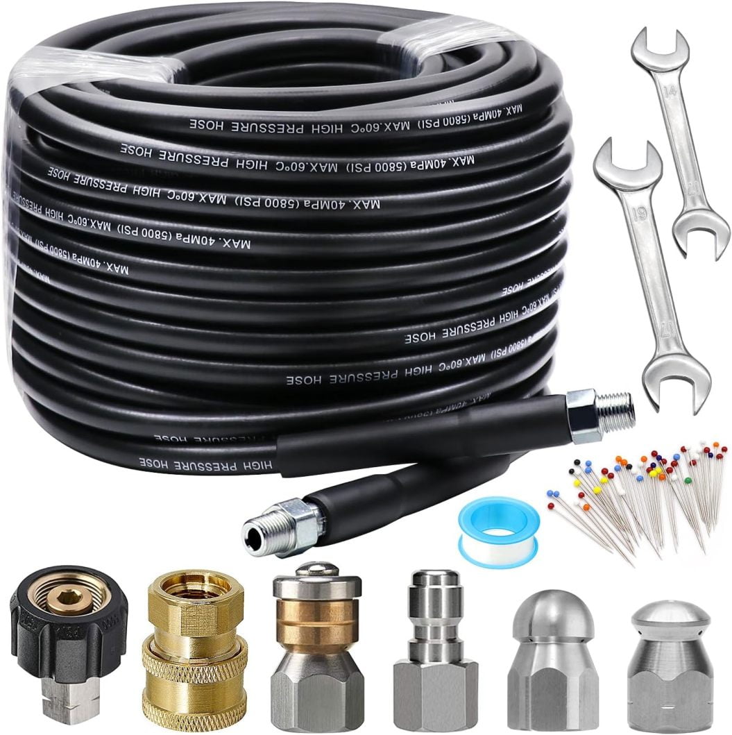 DHTZ Sewer Jetter Kit 100 FT for Pressure Washer, 5800PSI Drain Cleaner Hose 1/4 Inch NPT Corner ...