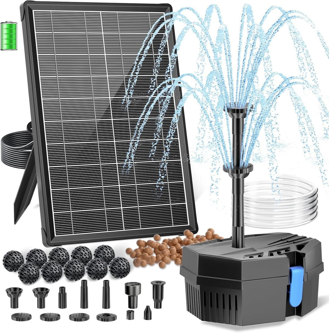 DHTZ Solar Pond Filter Fountain with Battery Backup 8W Solar Fountain ...