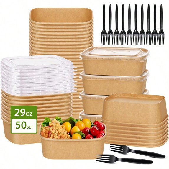 DI QIU REN 50-Pack 29oz Disposable Kraft Paper Bowlswith Lids and ...