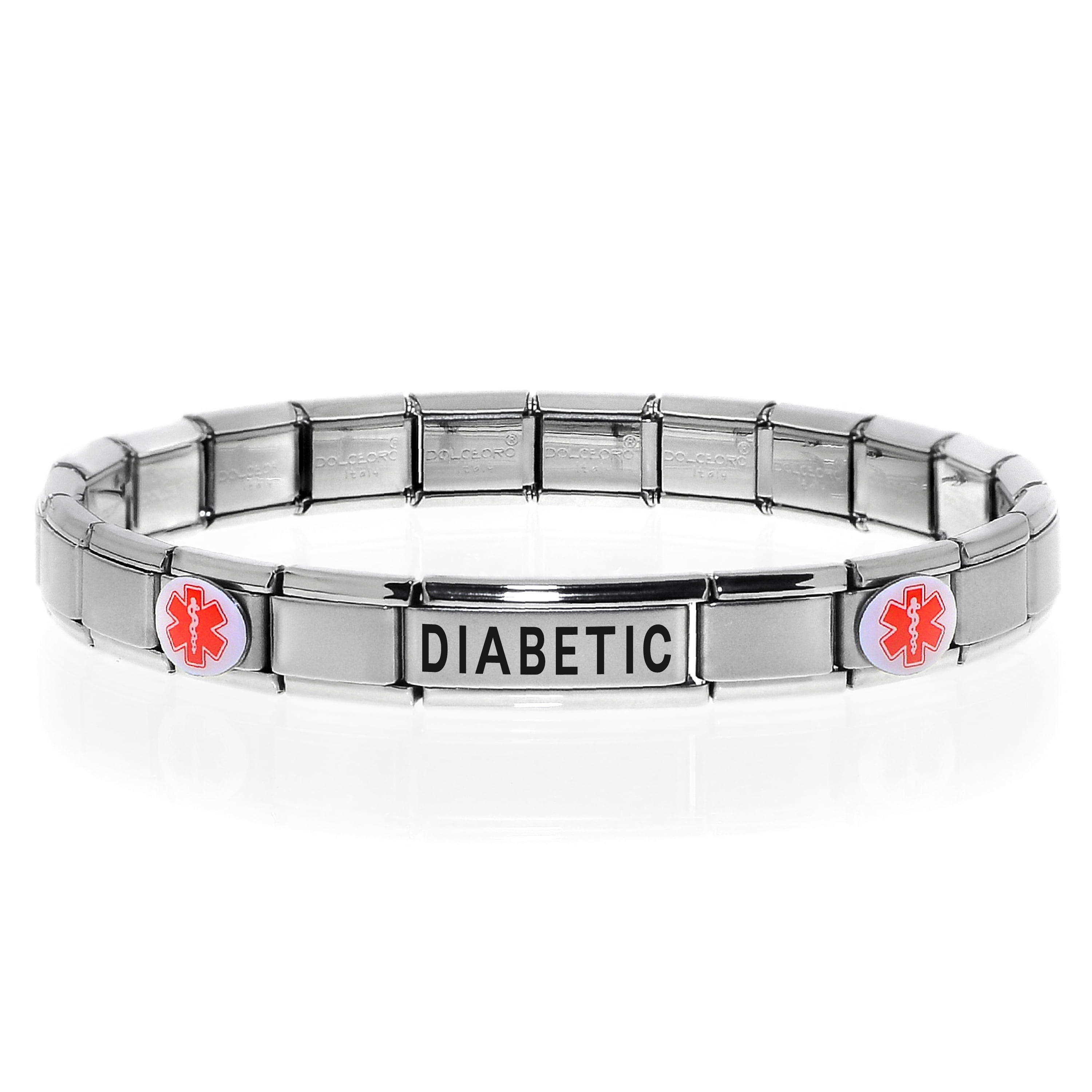 DIABETIC Medical Alert ID Bracelet, Modular Charm Style - SIZE OPTION D ...
