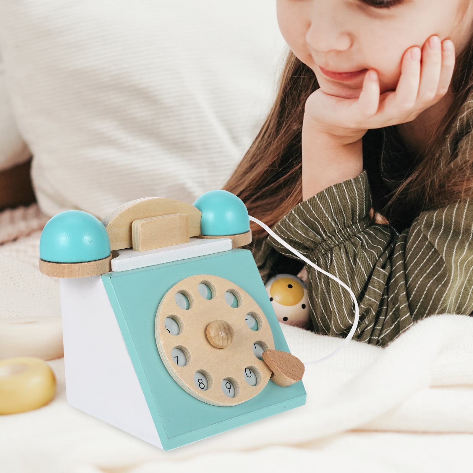 DIAEDGE Classic Wooden Telephone Traditional Pretend Rotary Number Dial ...