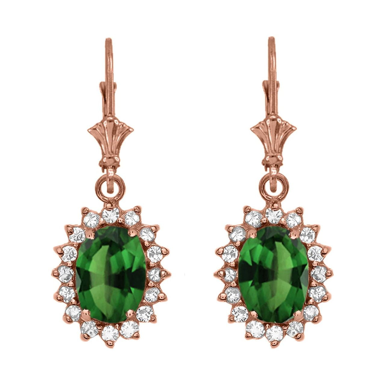 DIAMOND AND MAY BIRTHSTONE (LCE) EMERALD ROSE GOLD DANGLING EARRINGS ...
