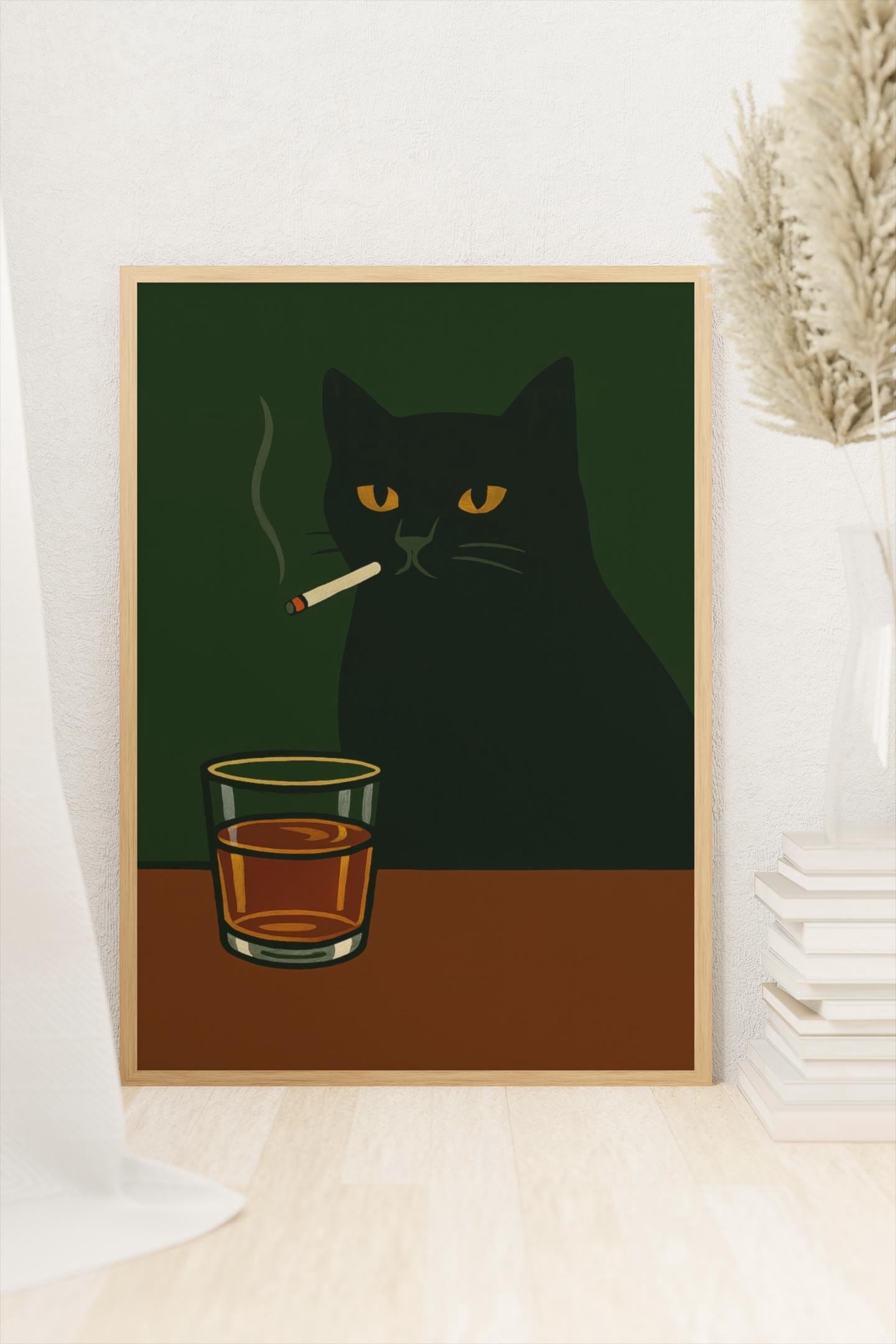 DIANANA Cool Cat Wall ArtSmoking Black Cat with WhiskeyDark Green ...
