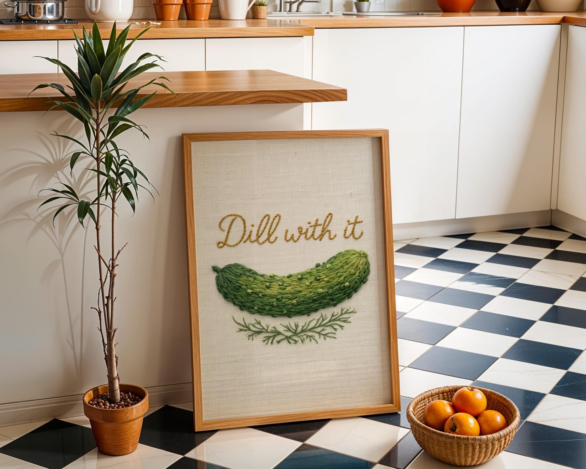 DIANANA Dill With It Kitchen Wall Art, Faux Embroidered Pickle Print ...