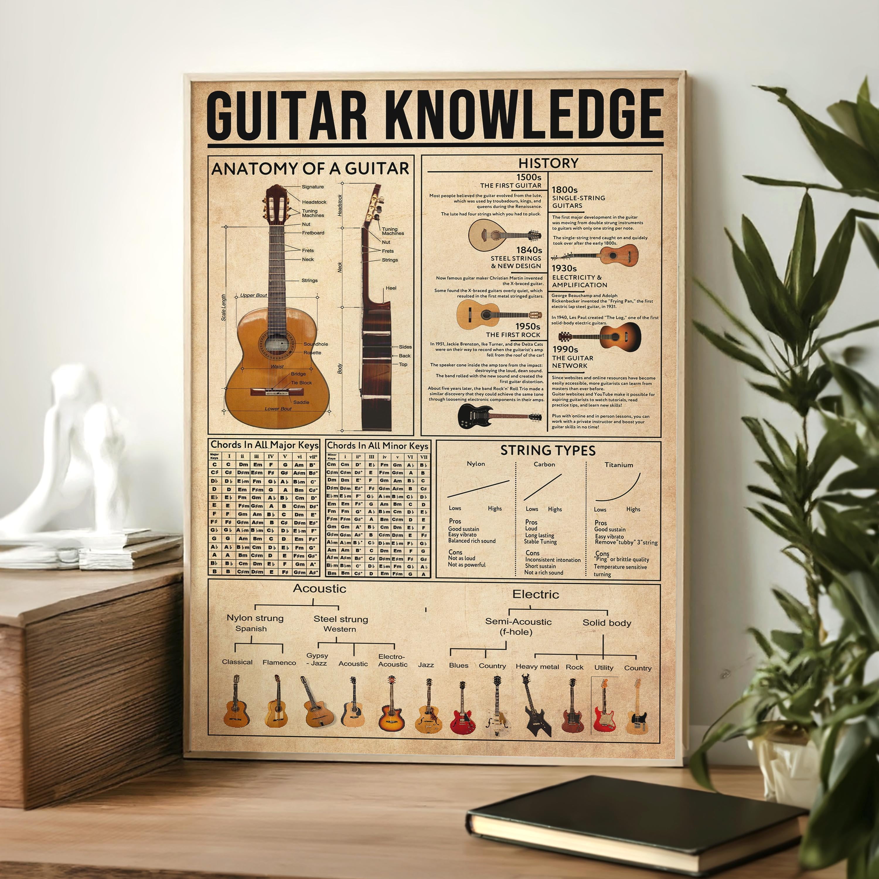 DIANANA Guitar Knowledge Poster, Anatomy Of A Guitar, History, String Types, Guitar Types ...