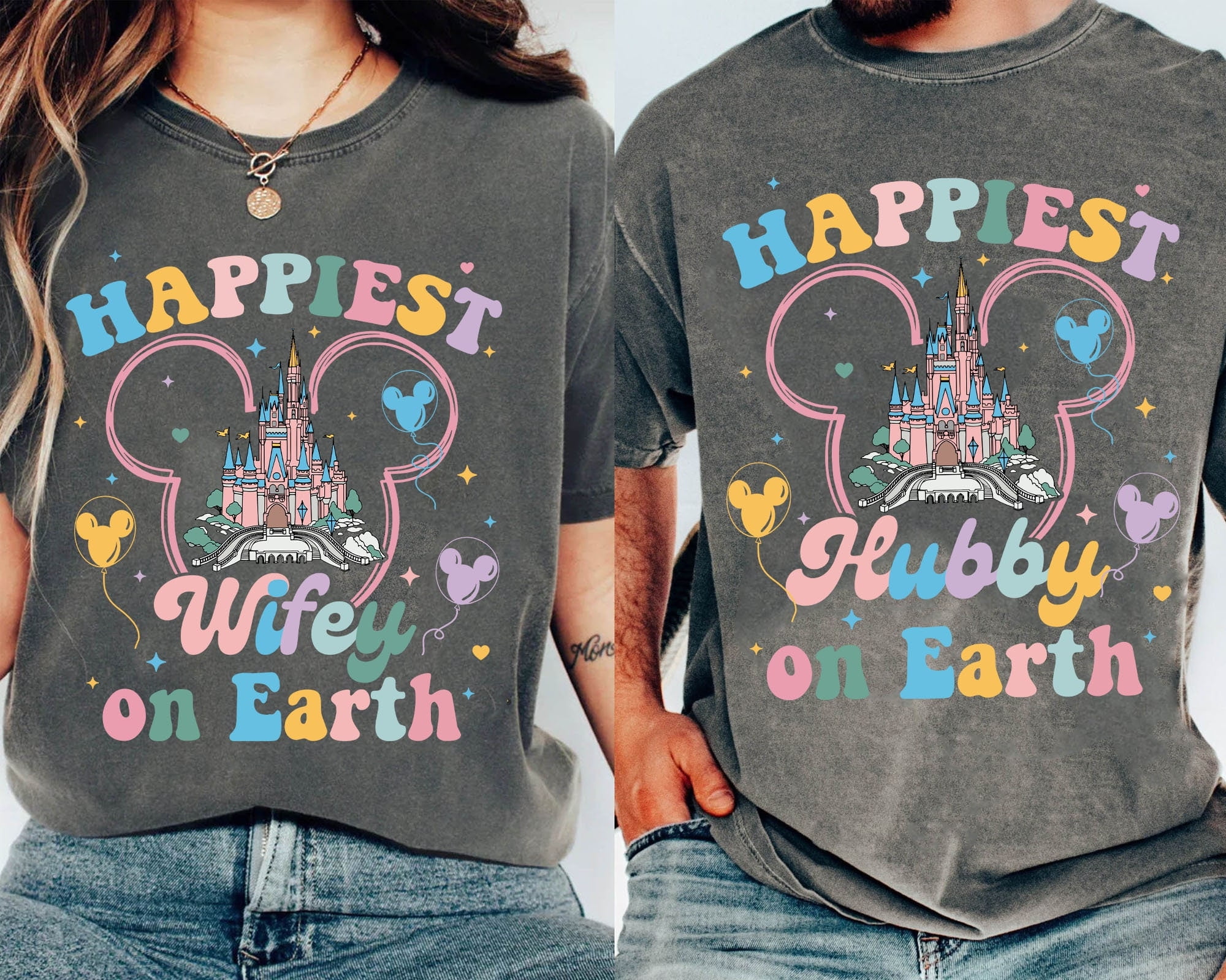 DIANANA Vintage Groovy Happiest Hubby Wifey On Earth Couples Shirt, Disney Mickey Castle T-shirt ...