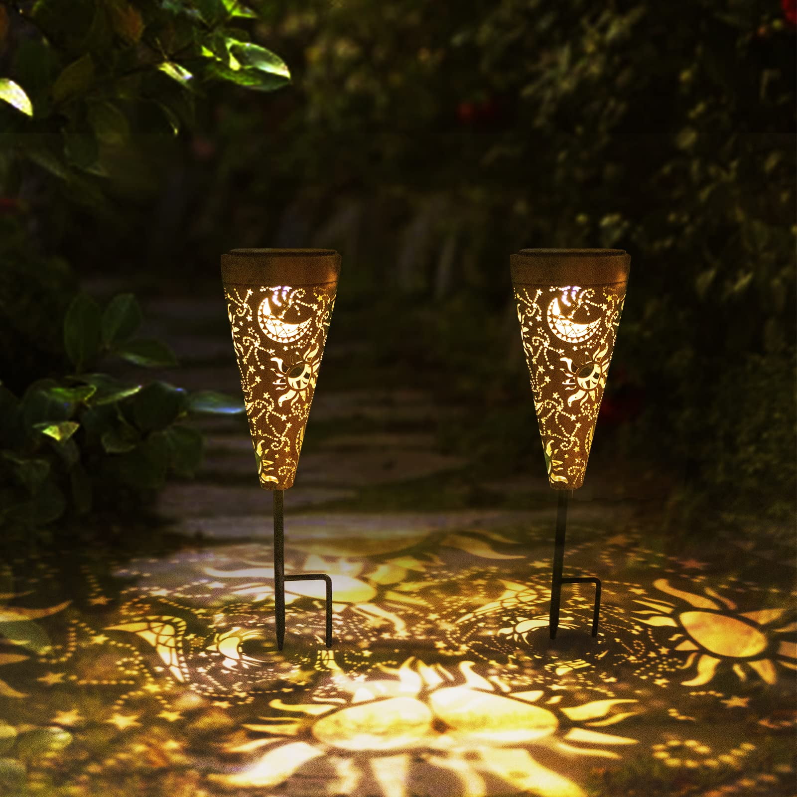 DIBIEECN 4 Pack Sun and Moon Solar Garden Pathway Lights Outdoor,Metal ...