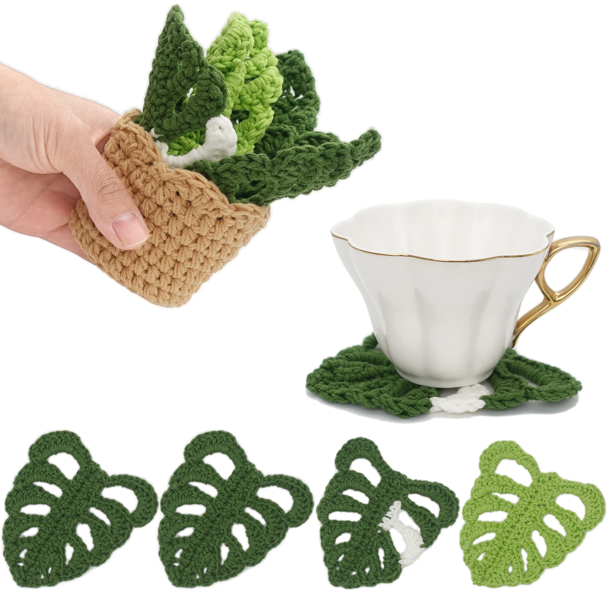 DICHA Monstera Crochet Coasters with Plant Pot-Container Beverage ...