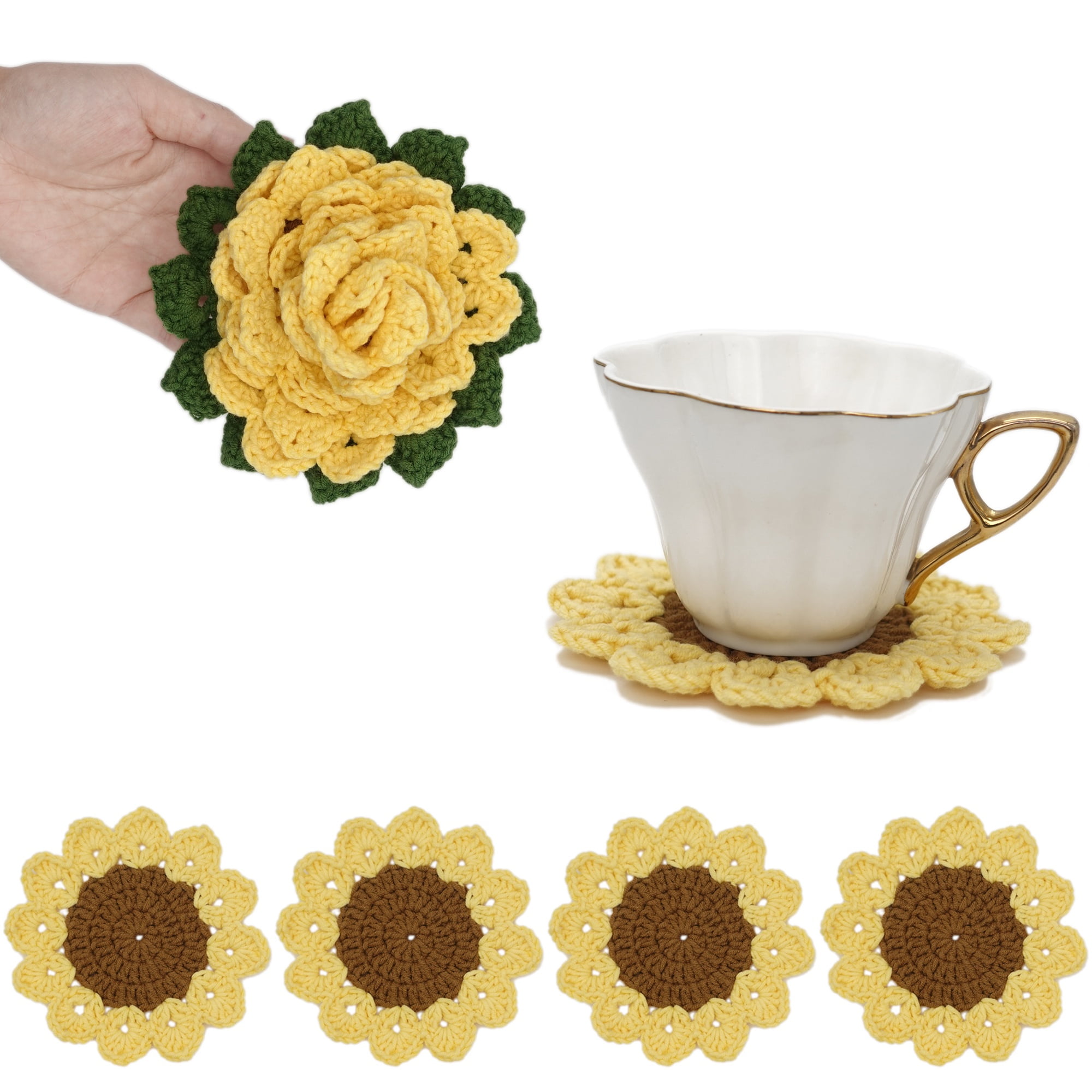 DICHA Sunflower Crochet Coasters with plant pot-Container Beverage ...