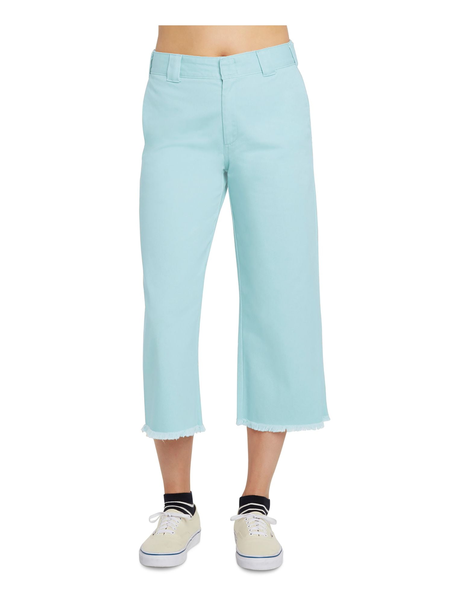 DICKIES Womens Light Blue Zippered Pocketed High Rise Frayed Crop Wide ...