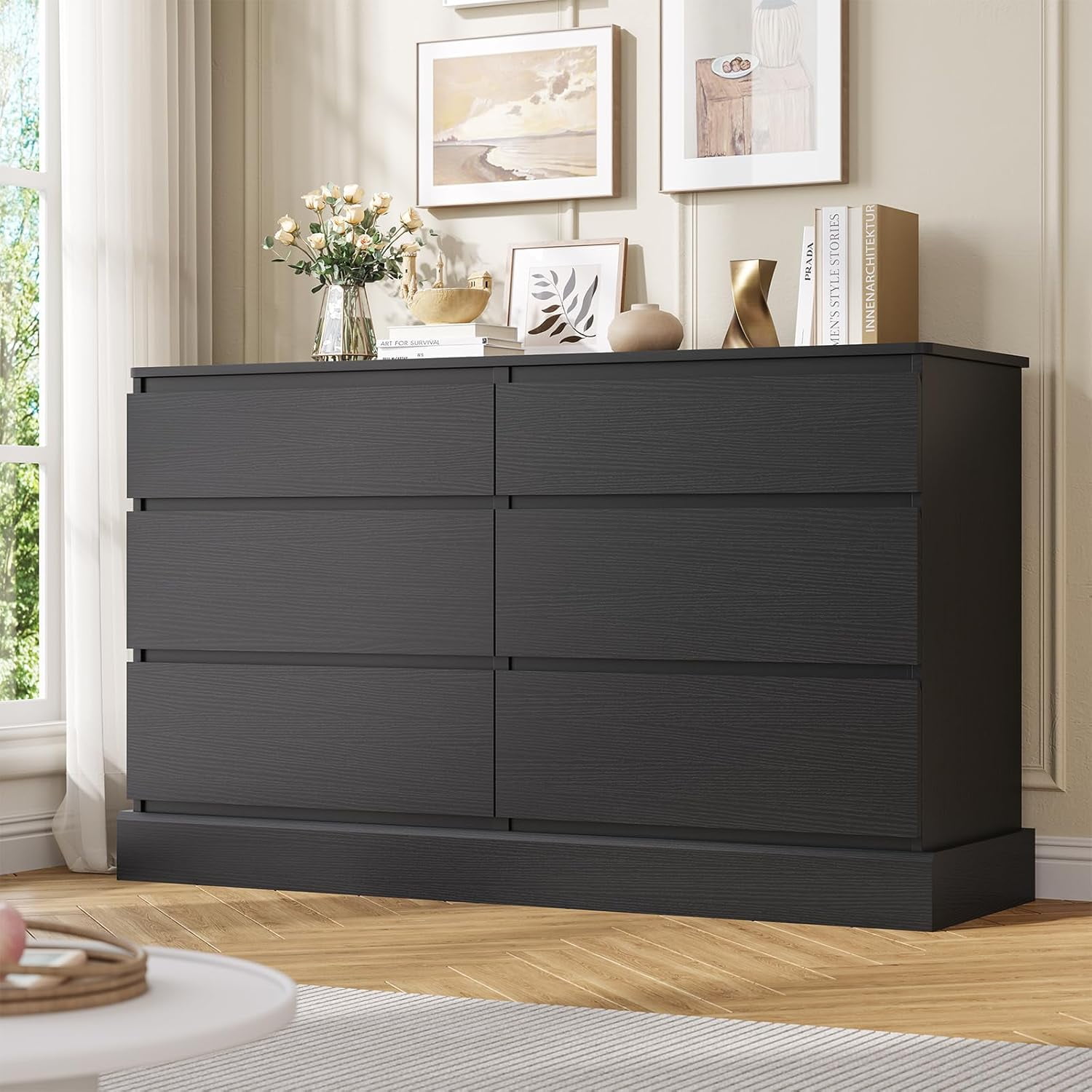 DICTAC 6 Drawers Dresser for Bedroom, Black Modern Chest of Drawers ...