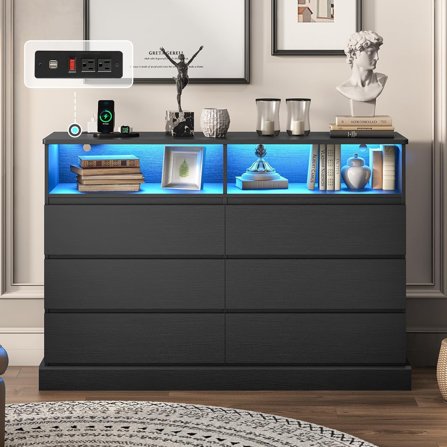 DICTAC Black Dresser for Bedroom with LED Lights with Charging Station ...