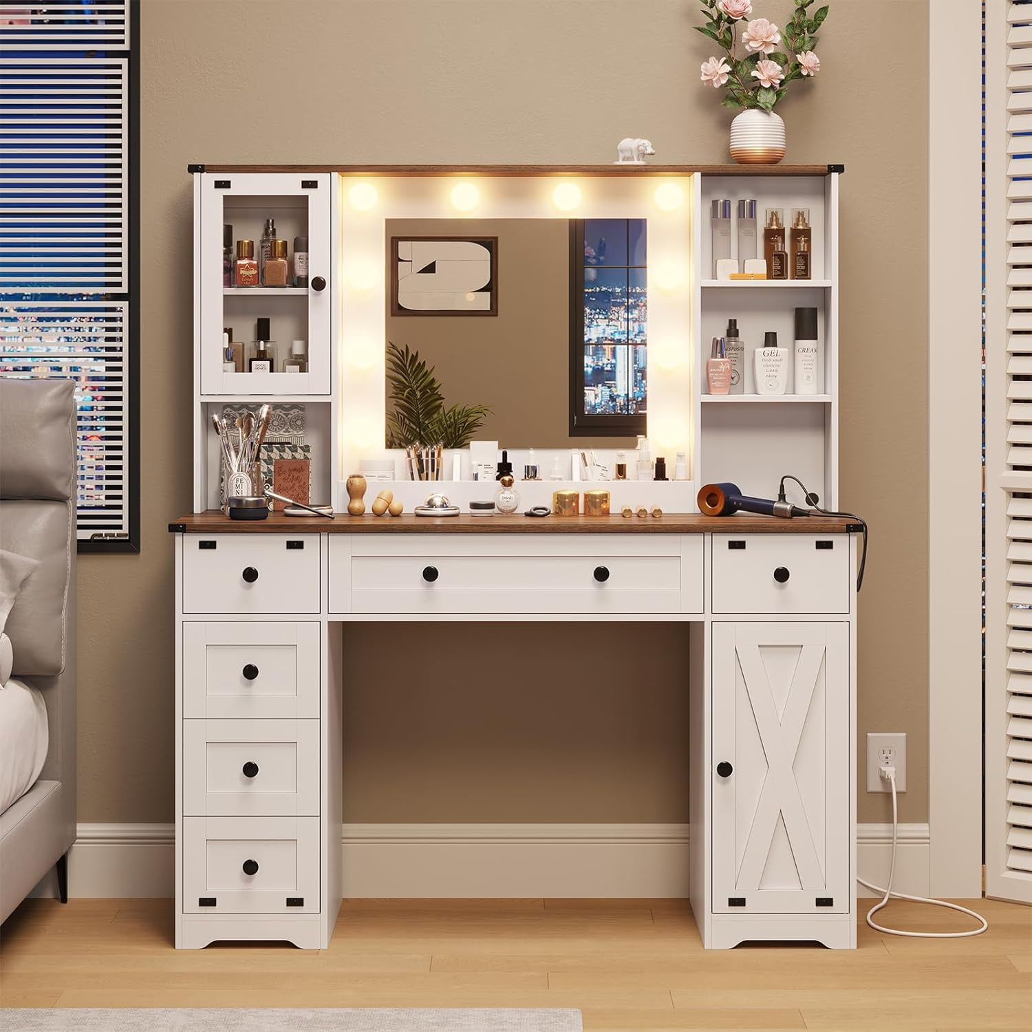 DICTAC Farmhouse Makeup Vanity Desk with Mirror and Lights, Large ...