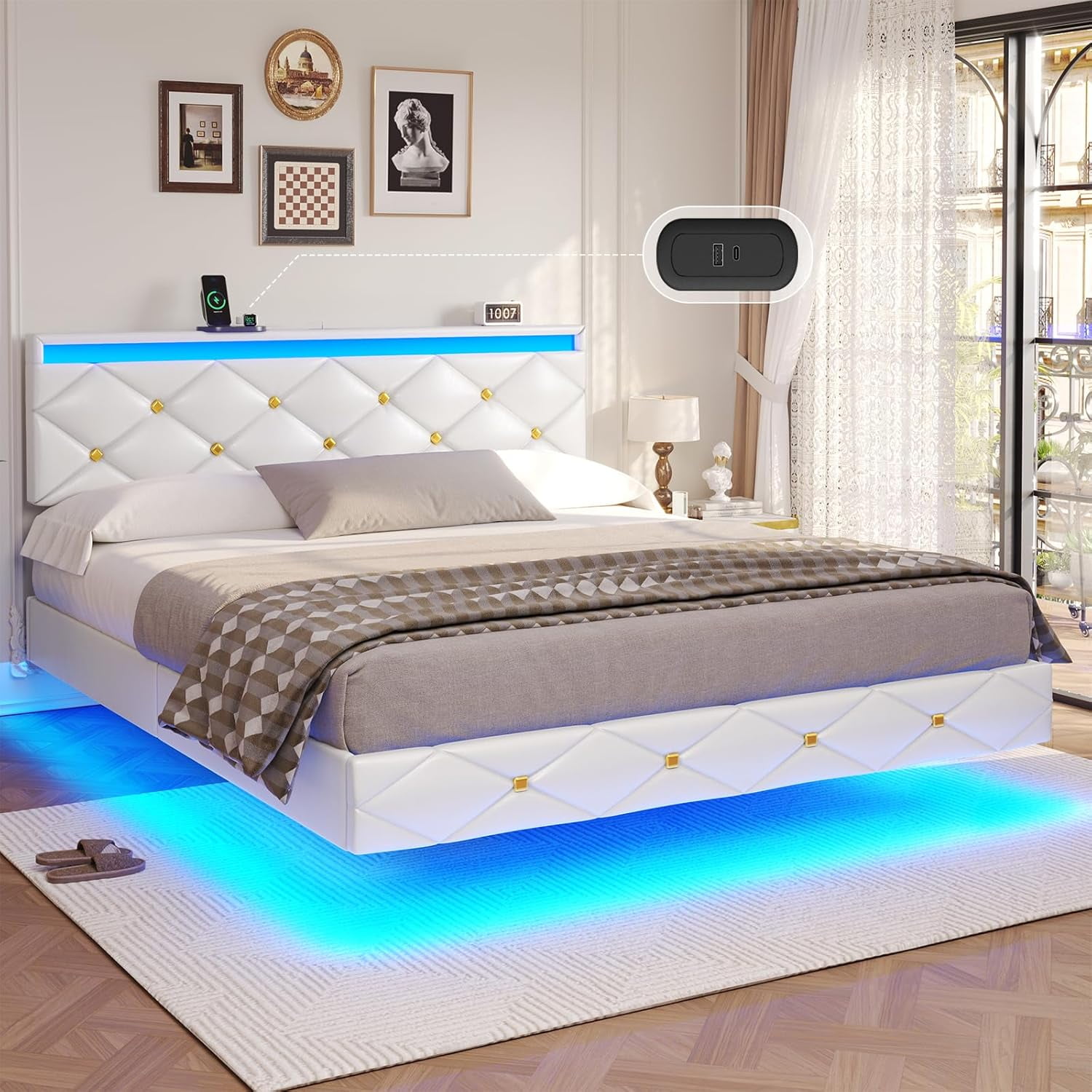 DICTAC Floating Bed Frame with LED Lights and USB Ports Modern LED Bed ...