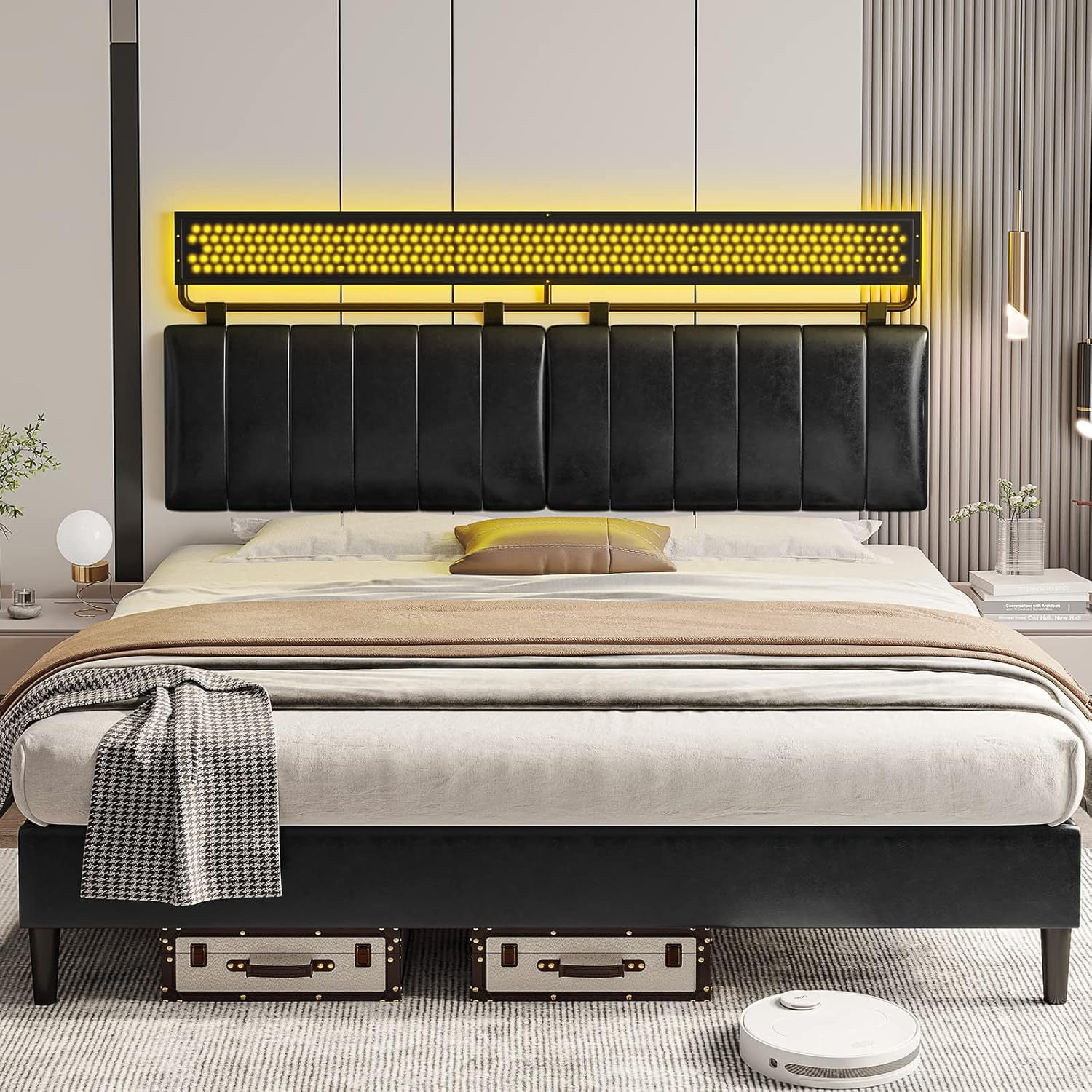 DICTAC King Bed Frame with LED Lights and Wall Mounted Headboard King ...