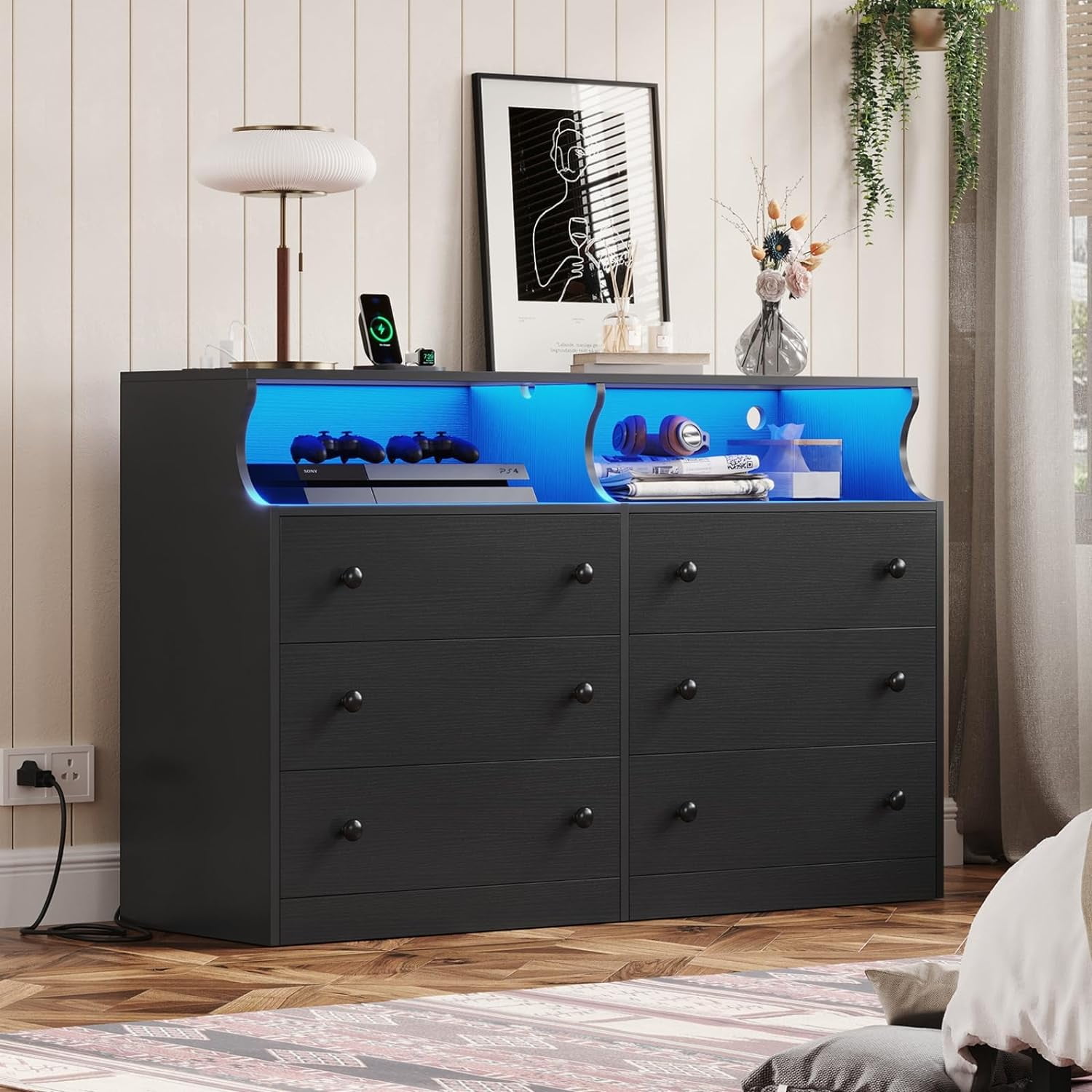 DICTAC LED Dresser for Bedroom, 6 Drawer Double Dresser with Charging ...