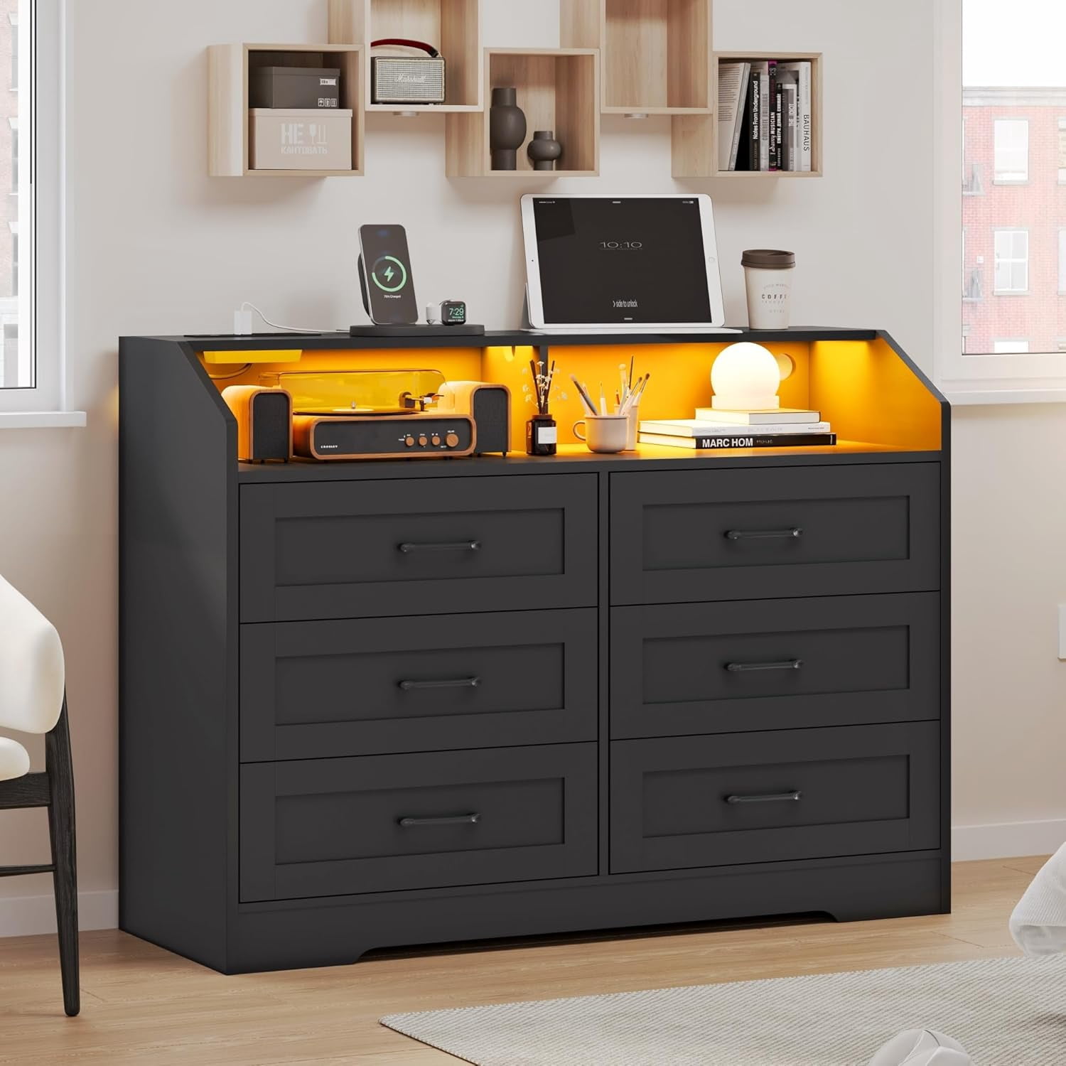 DICTAC LED Dresser for Bedroom, 6 Drawer Dresser with Charging Station ...