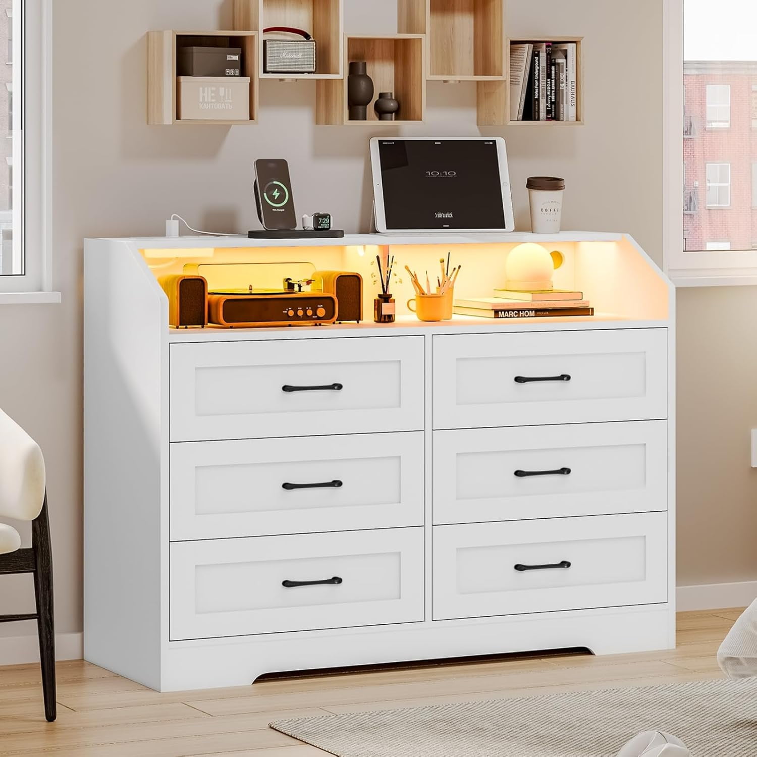 DICTAC LED Dresser for Bedroom, 6 Drawer Dresser with Charging Station ...