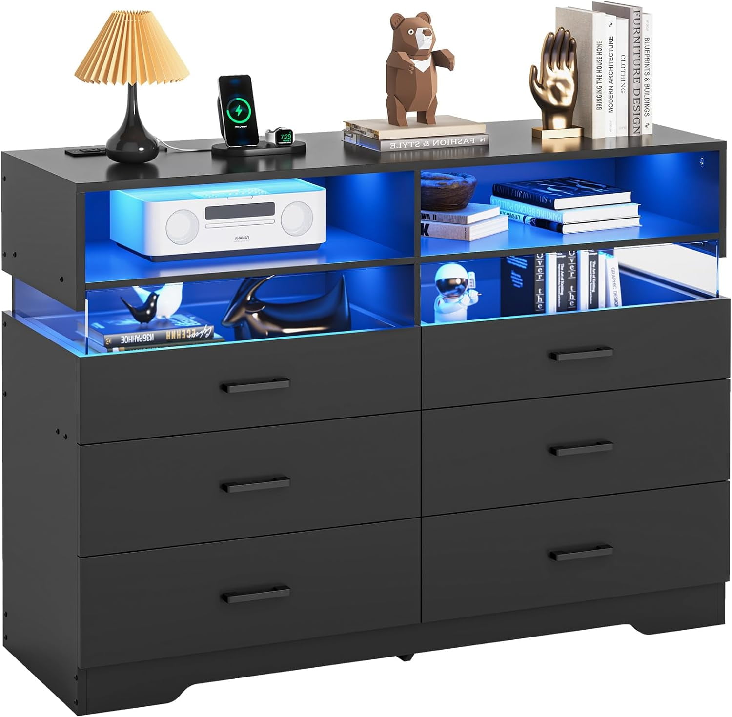 DICTAC LED Dresser for Bedroom, Modern Dresser with 6 Drawers and Open ...