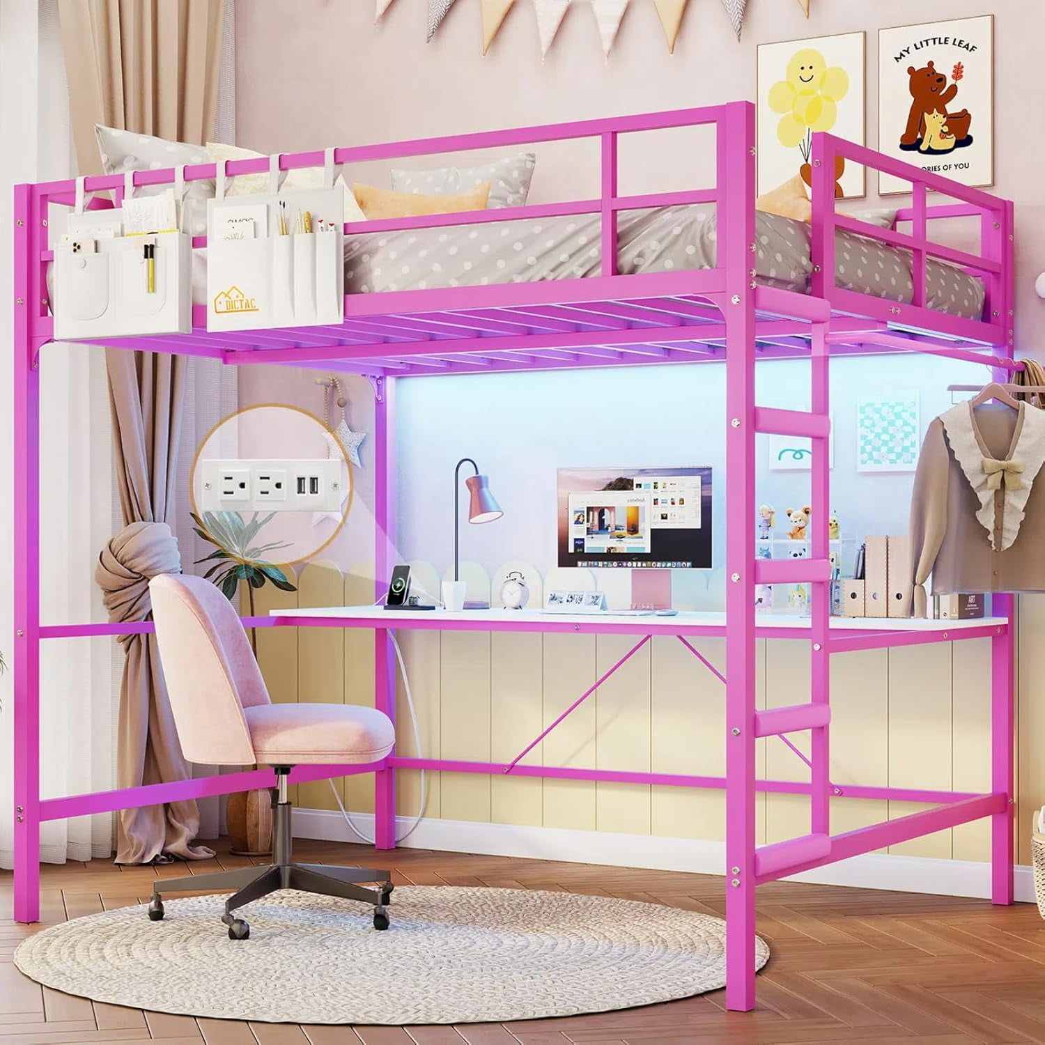 DICTAC Loft Bed Full Size with Desk and Led Lights Metal Full Loft Bed ...