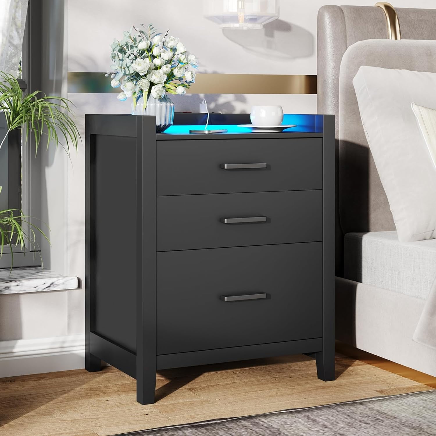 DICTAC Night Stand with Charging Station and LED Lights, Modern End ...