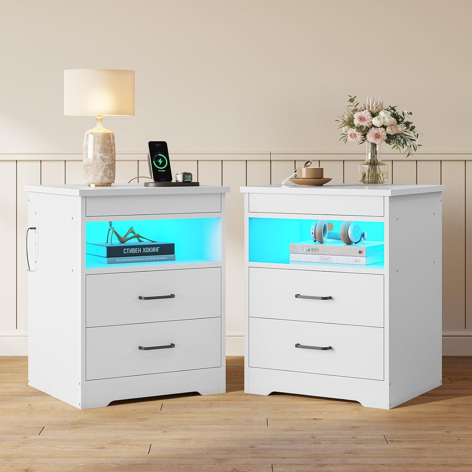 DICTAC Nightstand Set of 2 with Charging Station and LED Lights ...