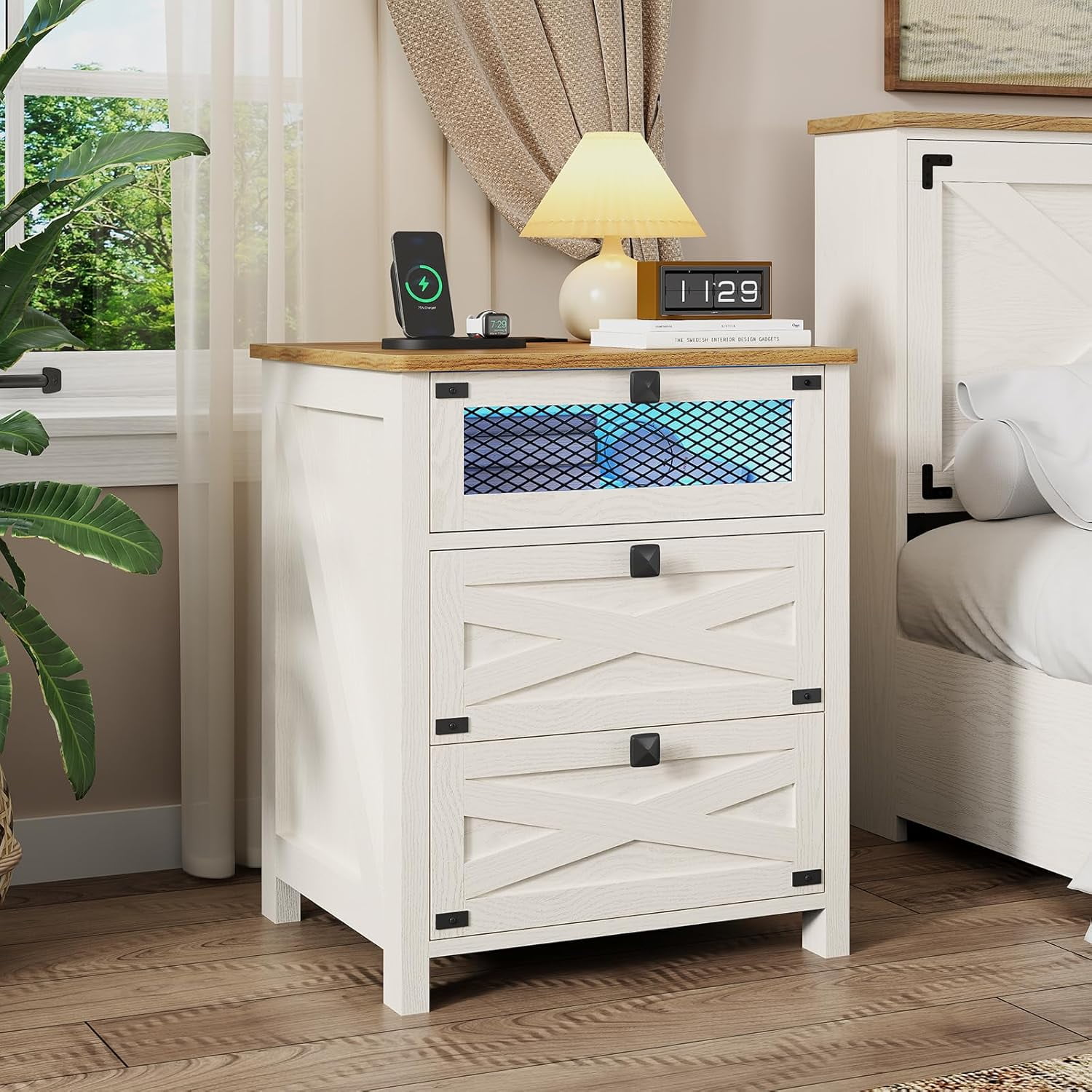 DICTAC White Nightstand with Charging Station and LED Lights, Farmhouse ...