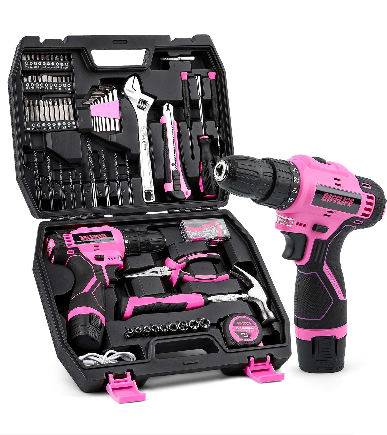 DIFFLIFE 147 Piece Pink Power Drill Drivers Tool Set with 12V Cordless ...