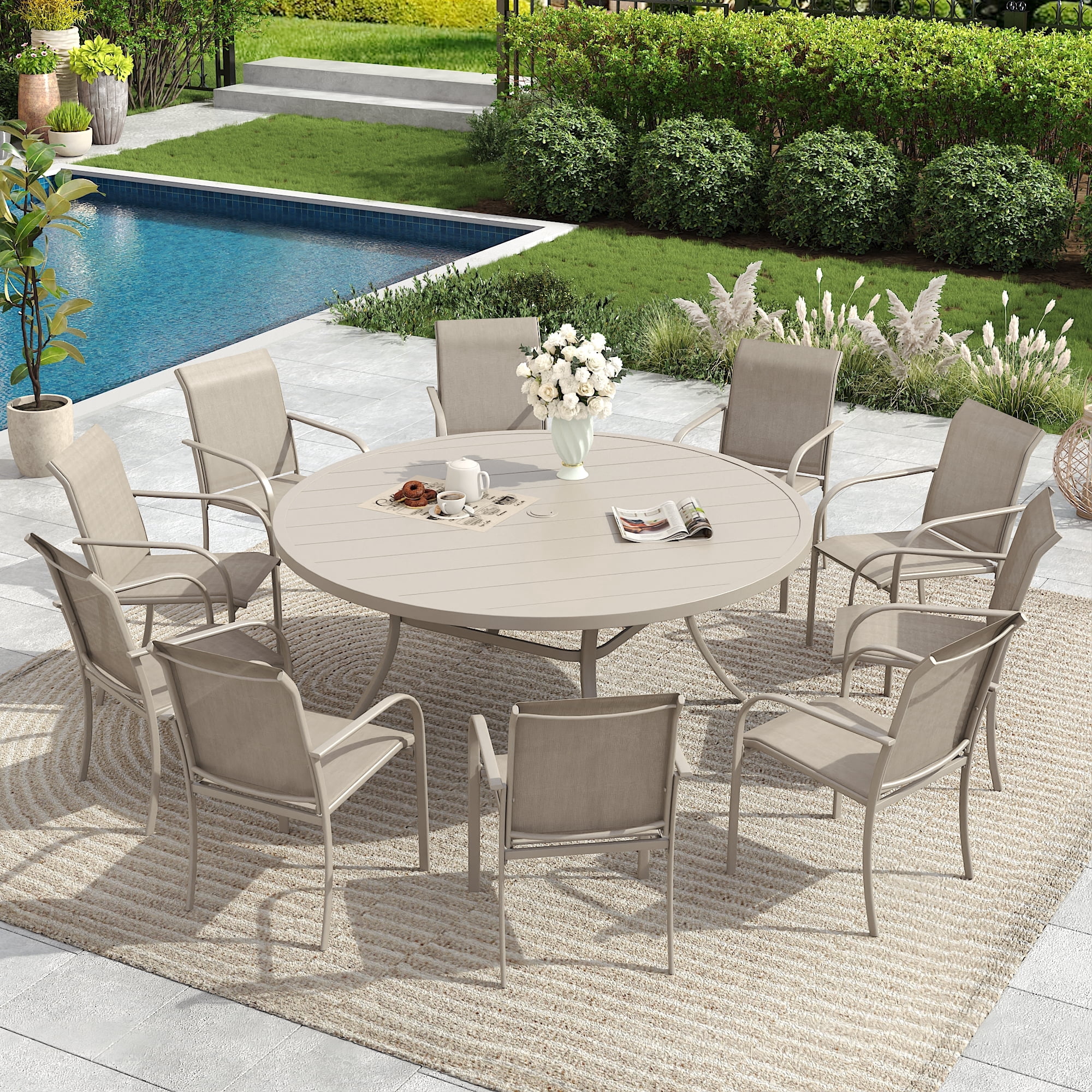 DIFY 11PCS Patio Dining Set,60" Round Metal Table with Umbrella Hole,10 ...