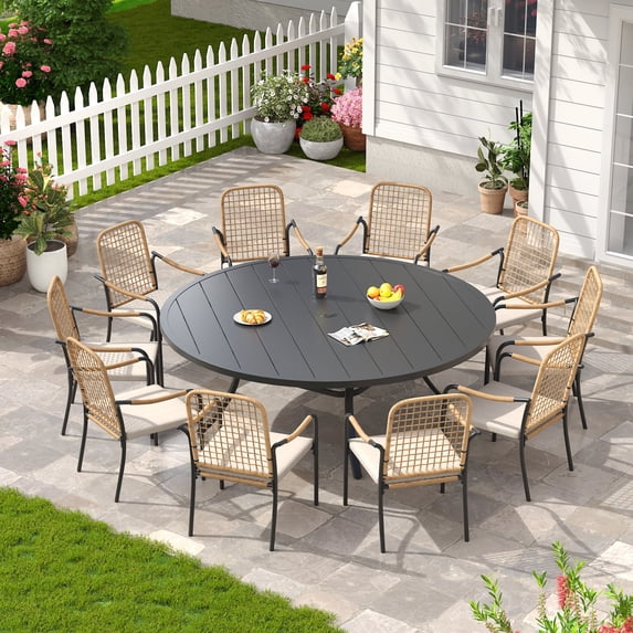 DIFY 11PCS Patio Furniture Set, 10 Stackable Wicker Chairs & 60" Metal ...