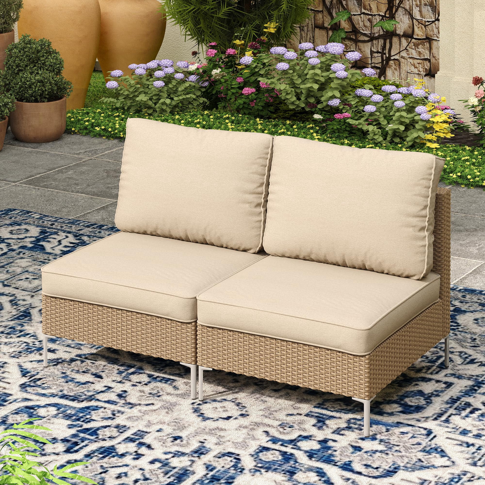 DIFY 2 PCS Rattan Outdoor Conversation Set, Armless Sofas with Cushion ...