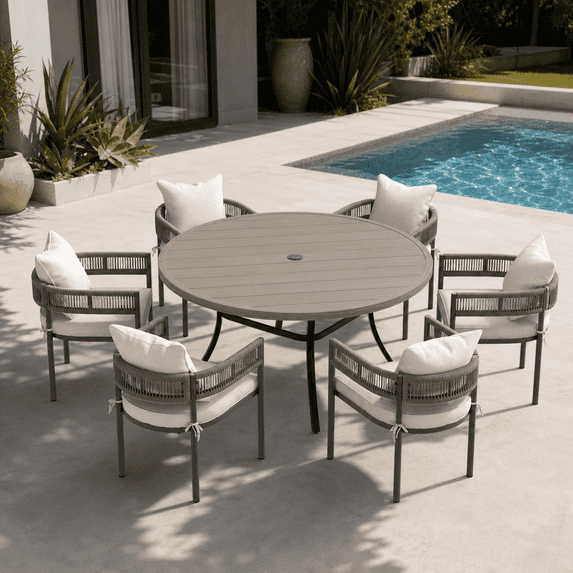 DIFY 7PCS Outdoor Patio Dining Set 53" Round Table and 6 Rattan Chairs ...
