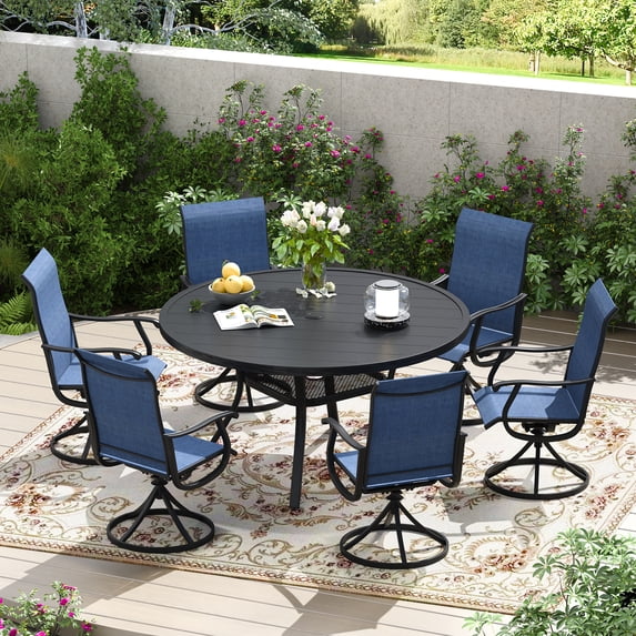 DIFY 7PCS Patio Dining Furniture Set, 47" Round Slatted Table and 6 ...