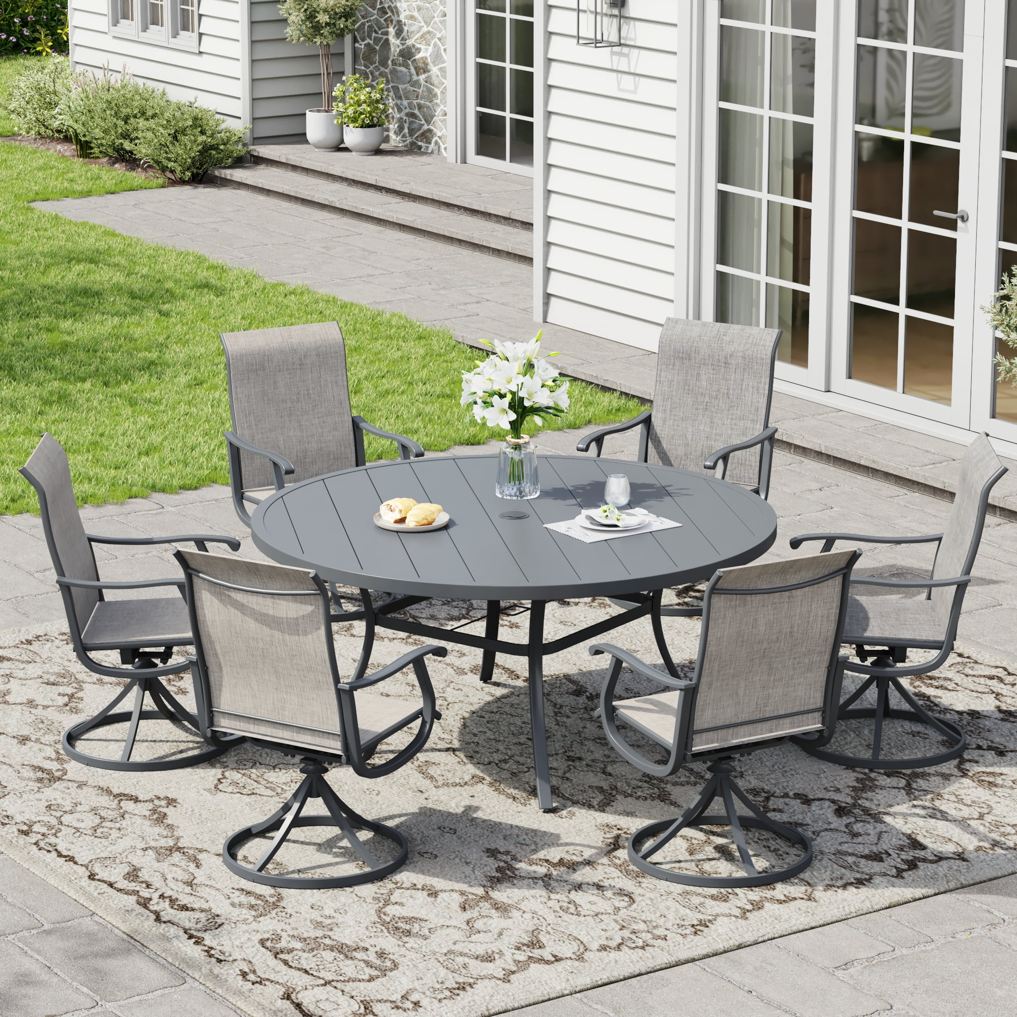 DIFY 7PCS Patio Dining Furniture Set, 53" Round Slatted Table and 6 ...