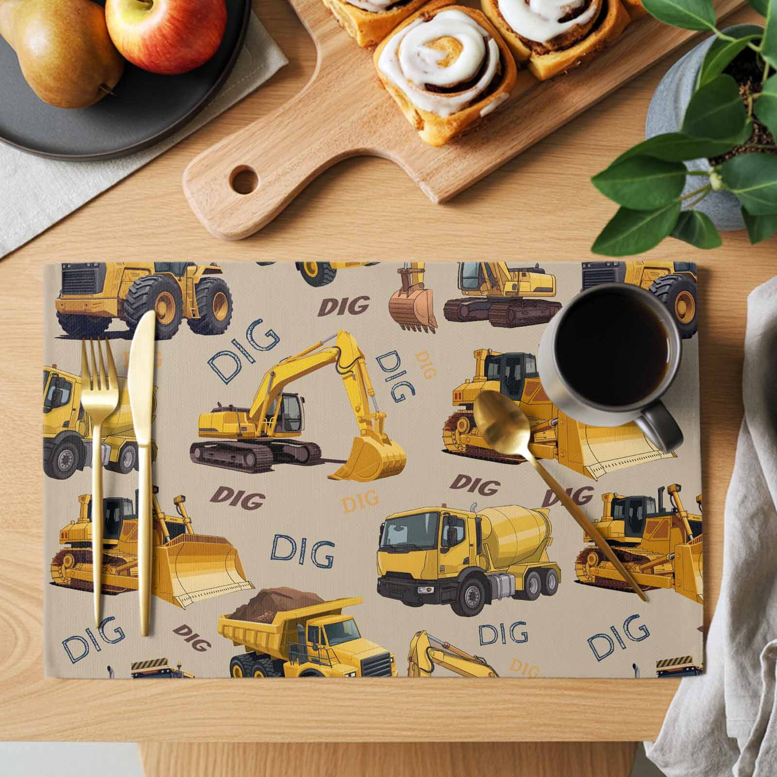 DIG Letter Placemats Set of 4, Cartoon Excavator Yellow Equipment ...
