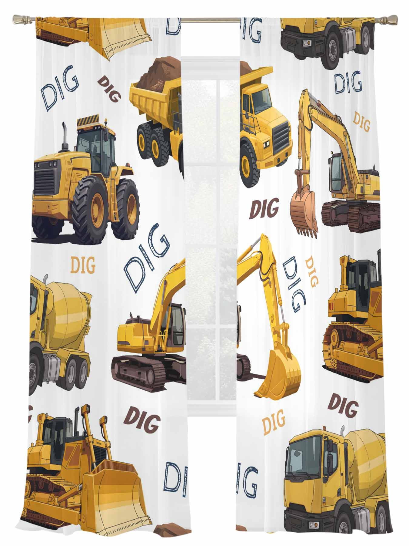 DIG Letter Sheer Curtains 2 Panels Set Cartoon Excavator Yellow ...